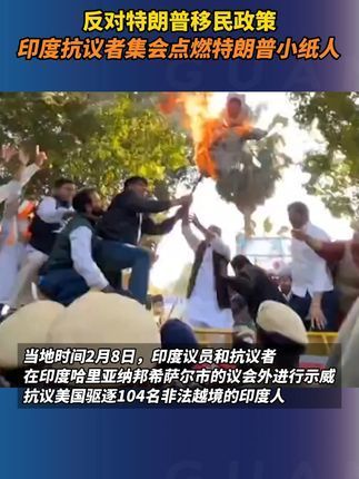 反对特朗普移民政策,印度抗议者集会点燃特朗普小纸人