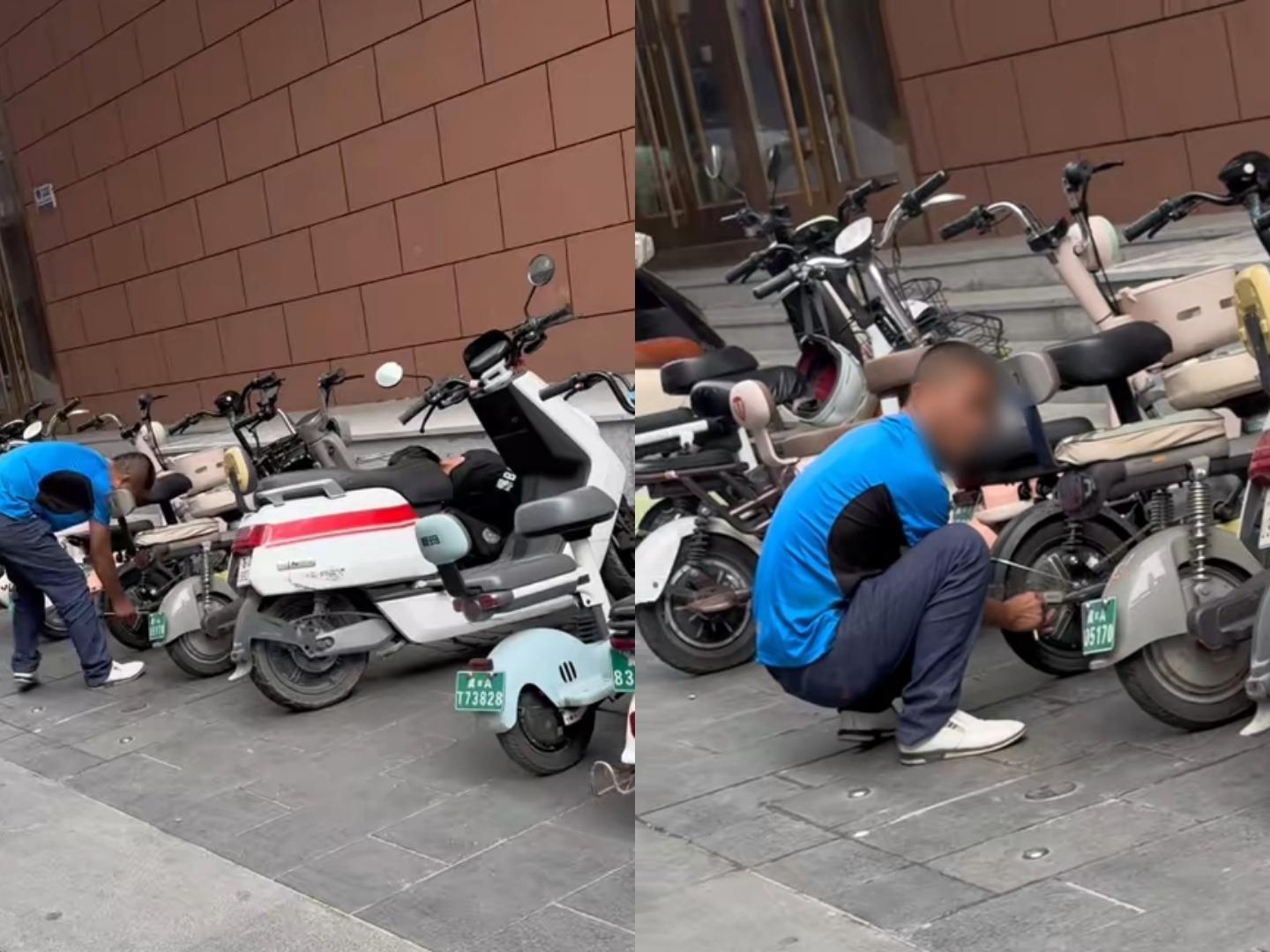 电动车停商场楼下被保安放气:停的时候保安未制止,刚走就放气