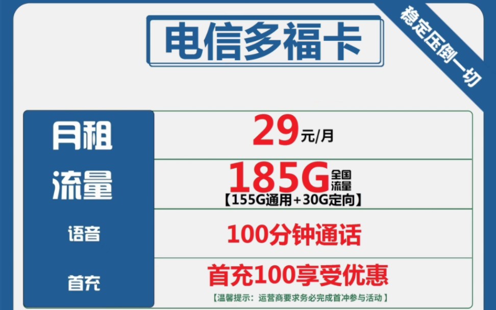 【长期套餐,自己激活】电信多福卡29元包155G通用+30G定向+100...