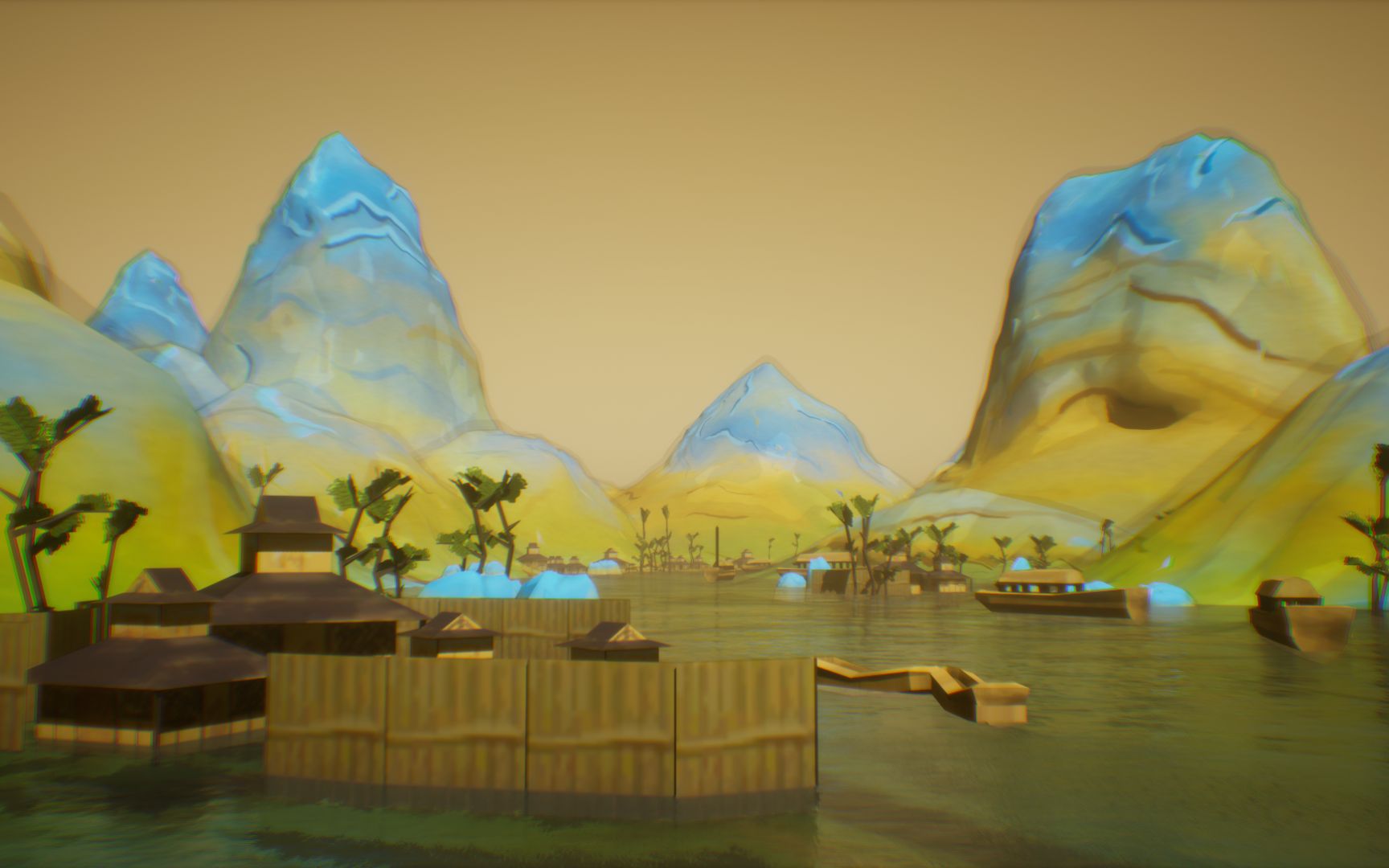 UE5虚幻5 Unreal Engine 5中国古风水彩卡通风千里江山图3D场景工程...