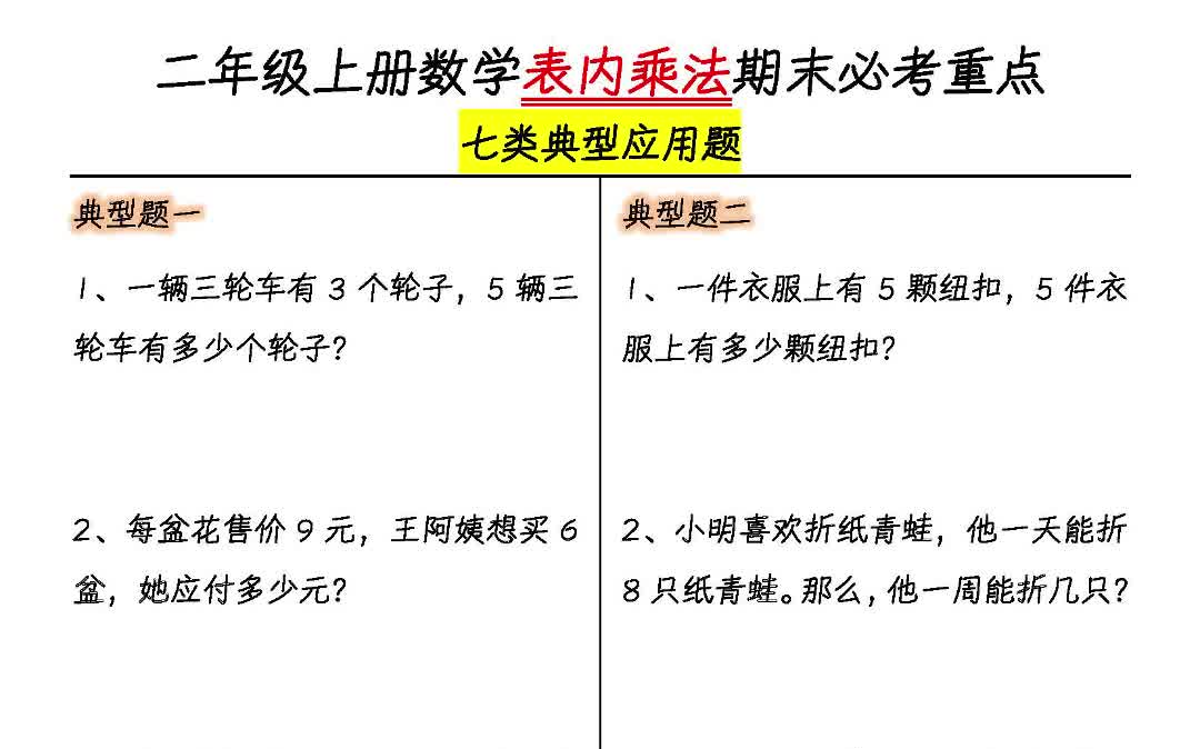 ...可分享】二年级上册数学表内乘法期末必考重点7大类型应用题(含答案)