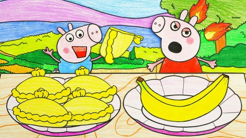 手绘定格动画:乔治骗走佩奇,把香蕉食物变成香蕉派吃得可满足了