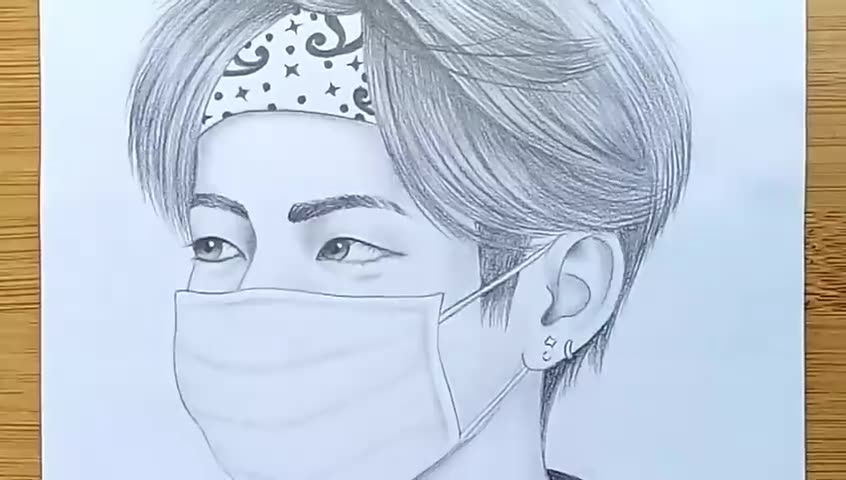 画素描画带着口罩的男孩,非常简单适合初学者,详细绘画教程
