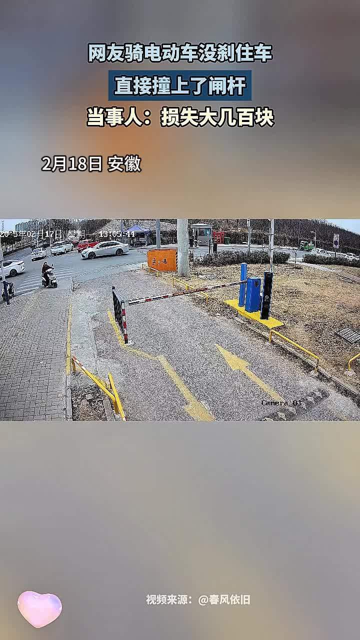 网友骑电动车没刹住车,直接撞上了闸杆,当事人损失大几百块