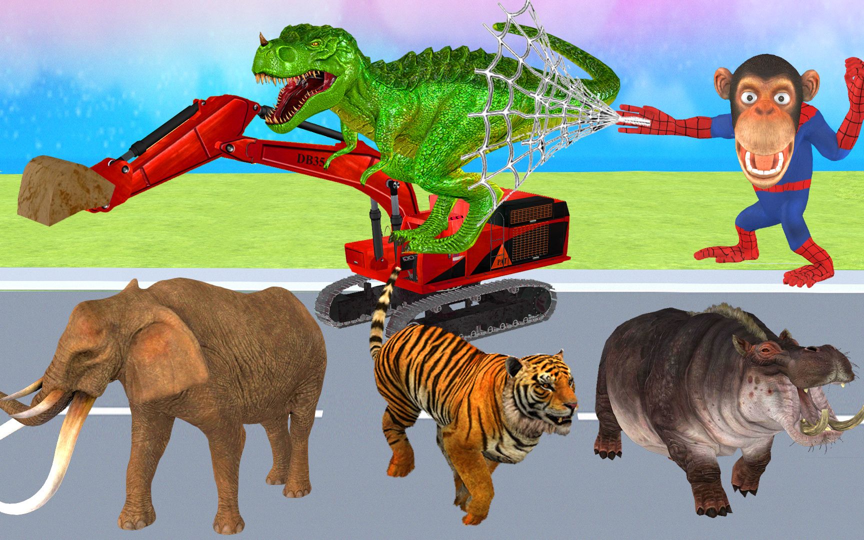 霸王龙开挖掘机,快无敌啦,小猴子快出手~学英语动画片