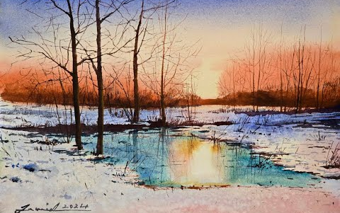冬日夕阳水彩画 -- Javid Tabatabae