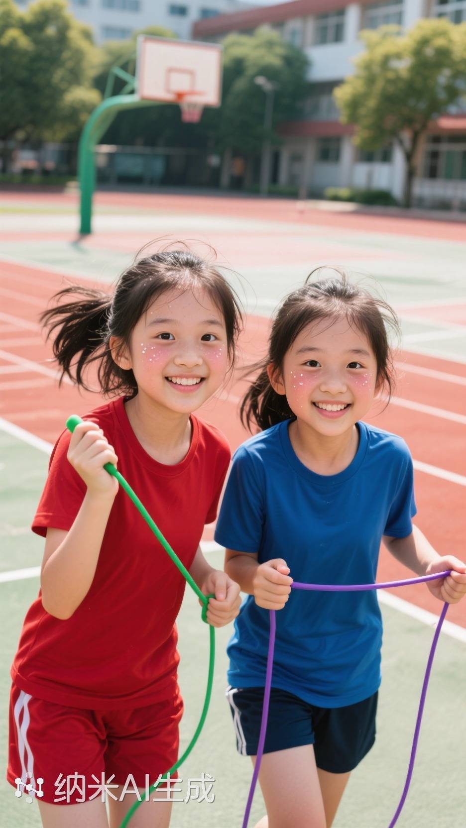 俩小囡跳绳后举绳比数,脸蛋红扑扑超可爱 #萌娃