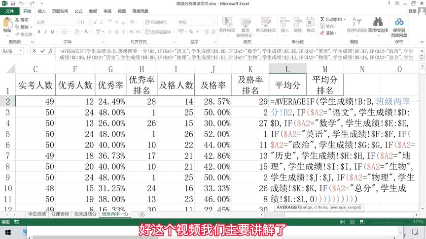 Excel制作成绩分析模板 使用averageif函数计算每班的学科平均分