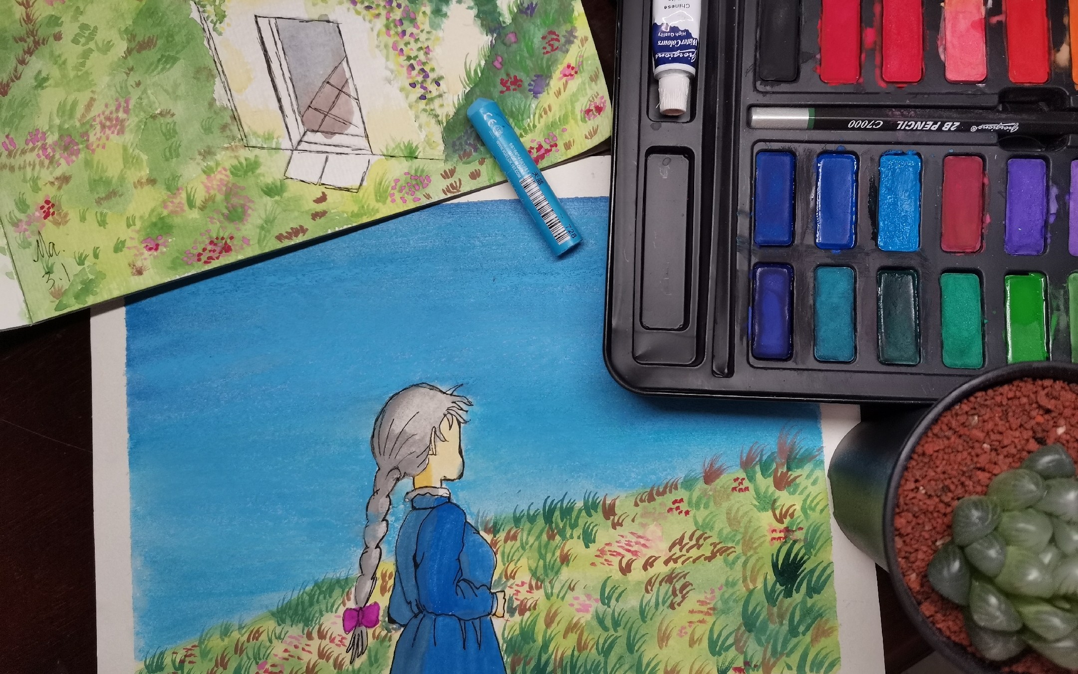【水彩画 哈尔的移动城堡】记录画的第二幅哈儿的移动城堡,画草坪的...