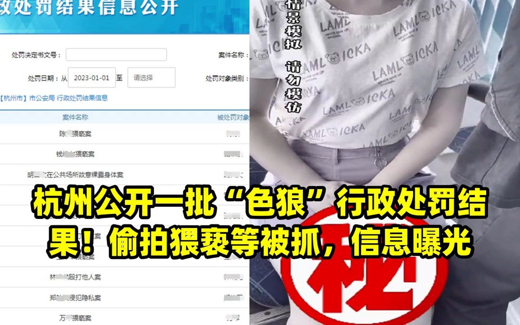杭州公开一批“色狼”行政处罚结果!偷拍猥亵等被抓,信息曝光