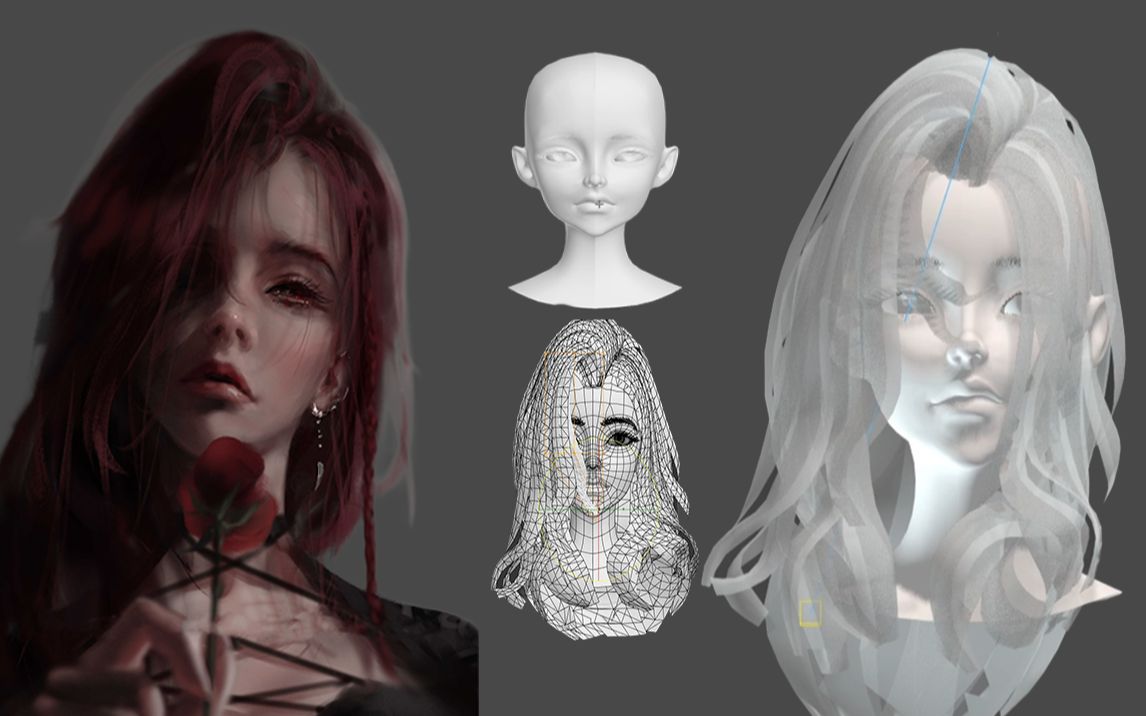 【3dmax人物建模】人头大型、嘴巴、眼睛、眉毛、头发、鼻子布线...