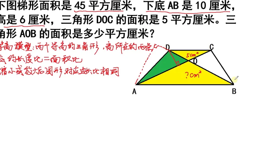 梯形对角线将梯形分成4个三角形,根据条件如何求下方三角形面积