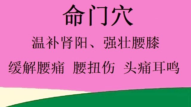 命门穴:温补肾阳、强壮腰膝,可缓解腰痛、腰扭伤、头痛、耳鸣!