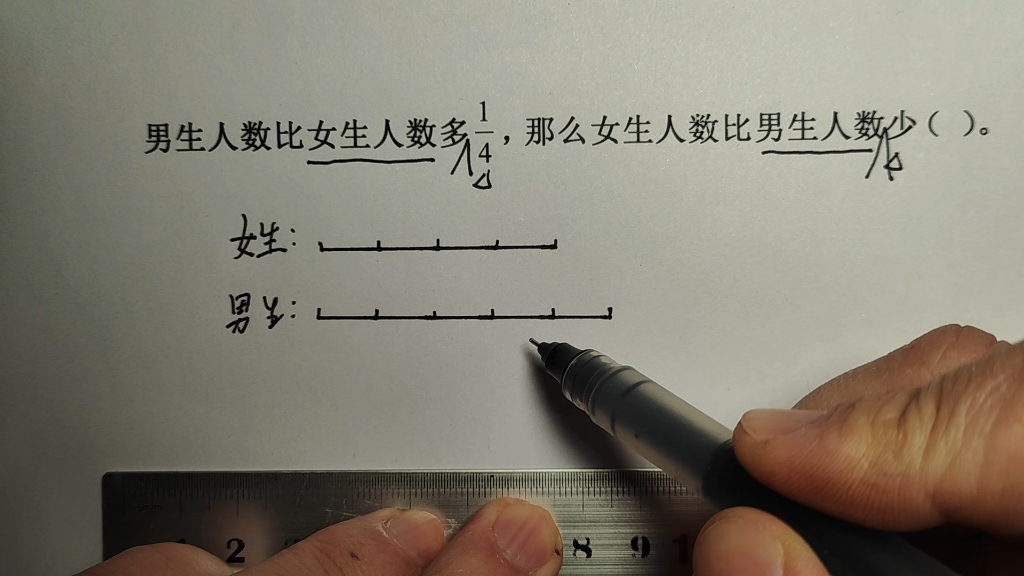常错题:男生人数比女生人数多¼,那么女生人数比男生人数少几分之几?