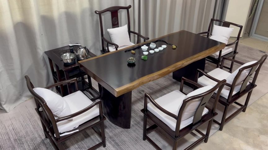 新中式实木大板茶桌椅展厅实拍#茶桌茶台 #新中式实木家具