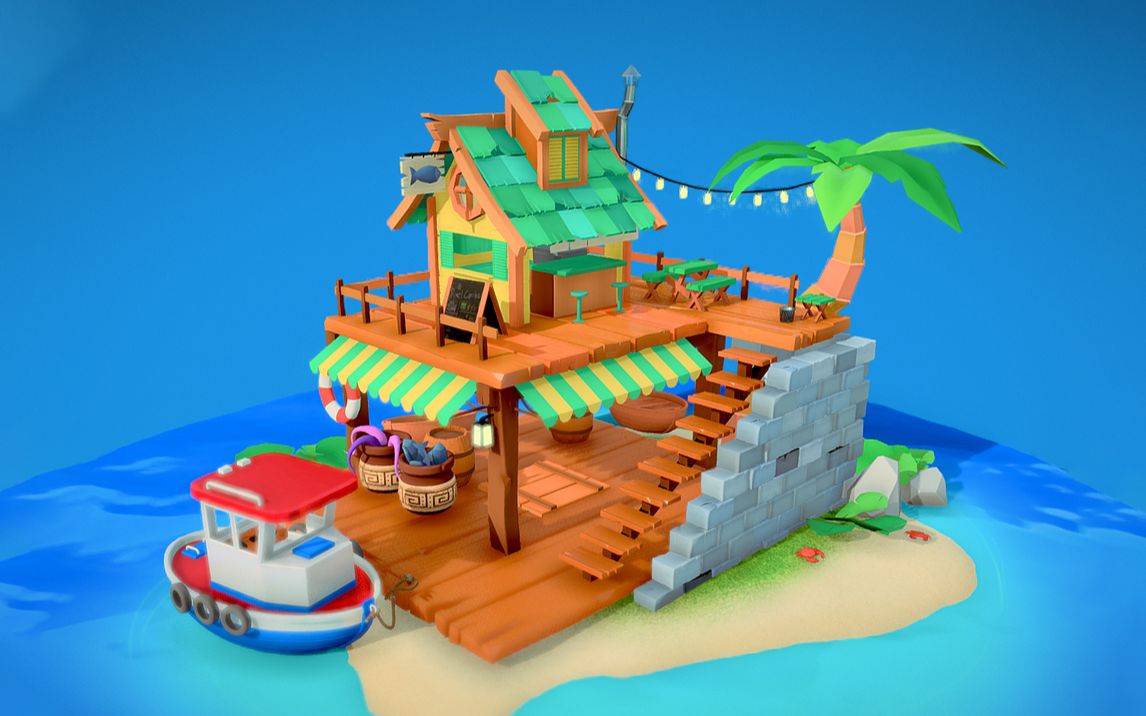 【maya场景建模】从拉box到模型渲染全流程,新手简单卡通动漫场景...