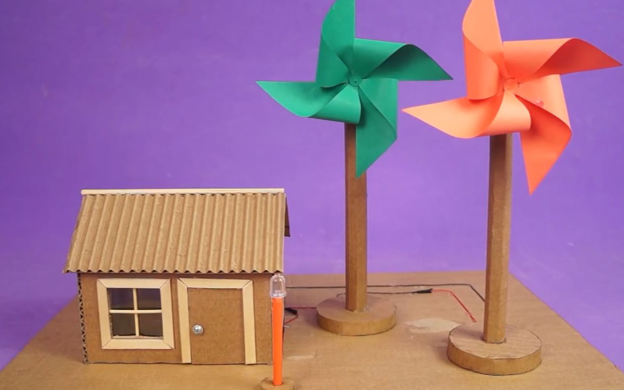 DIY风力发电机模型,为纸板房的LED和照明灯的LED供电