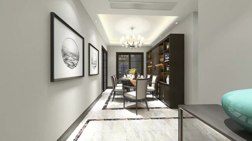 新中式:进门玄关做了一个端景墙,客厅餐厅动线分明,有利于风水