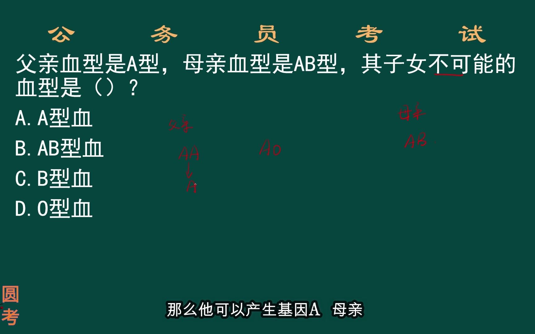 父亲A型血,母亲AB型,他们的孩子不可能是什么血型?