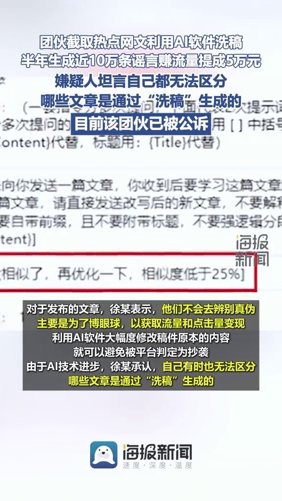 团伙截取热点网文利用AI软件洗稿,半年生成近10万条谣言获利5万元。.