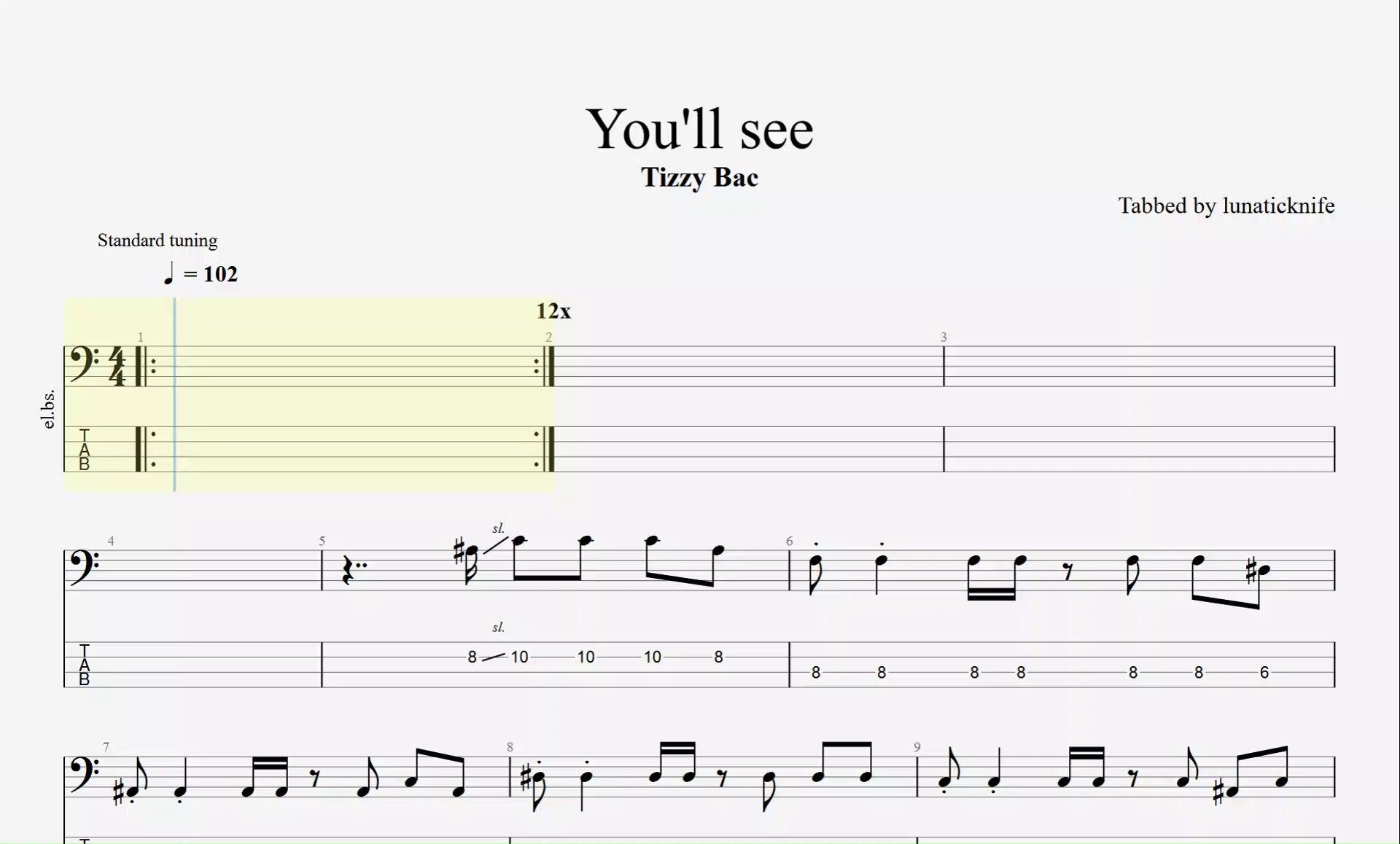 【BASS TAB】Tizzy Bac - You'll See
