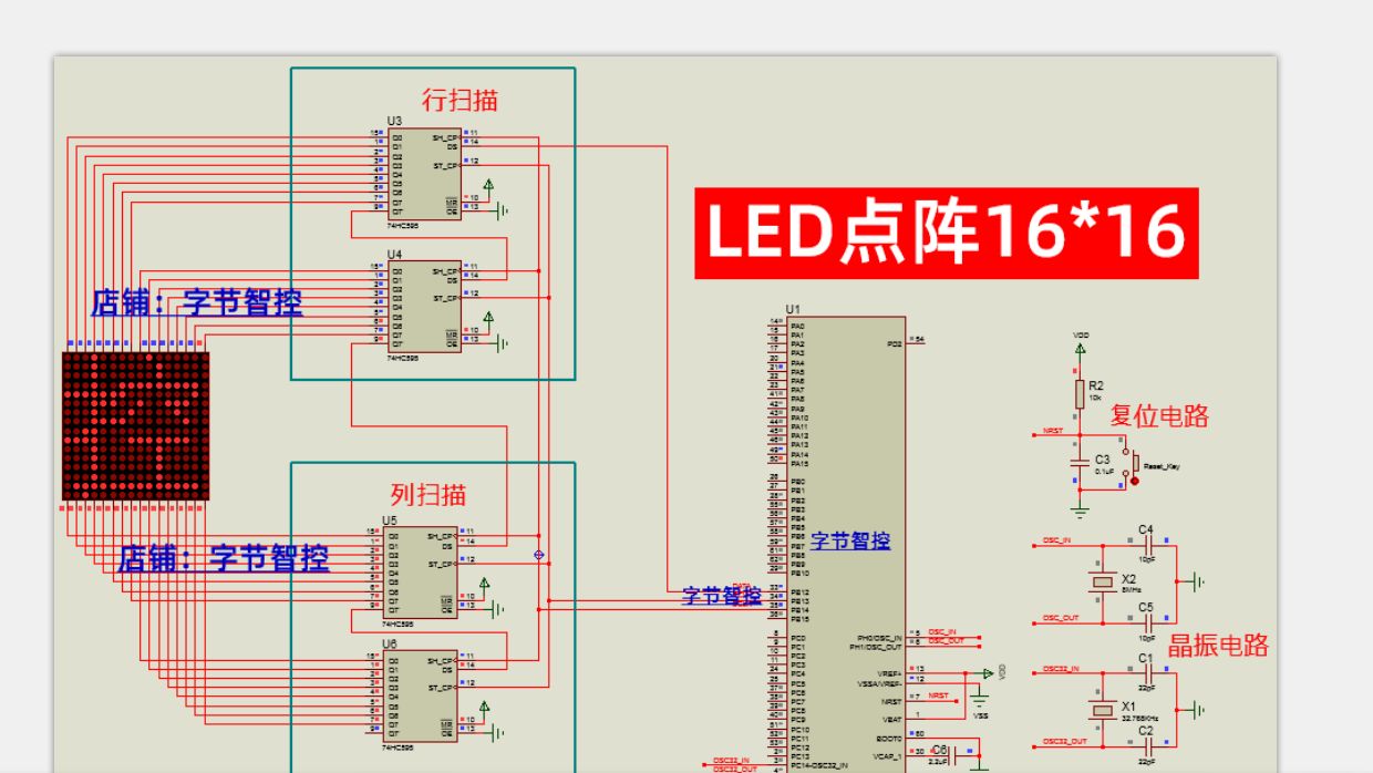 基于STM32F401/407单片机16*16LED点阵汉字滚动显示Proteus仿真+...