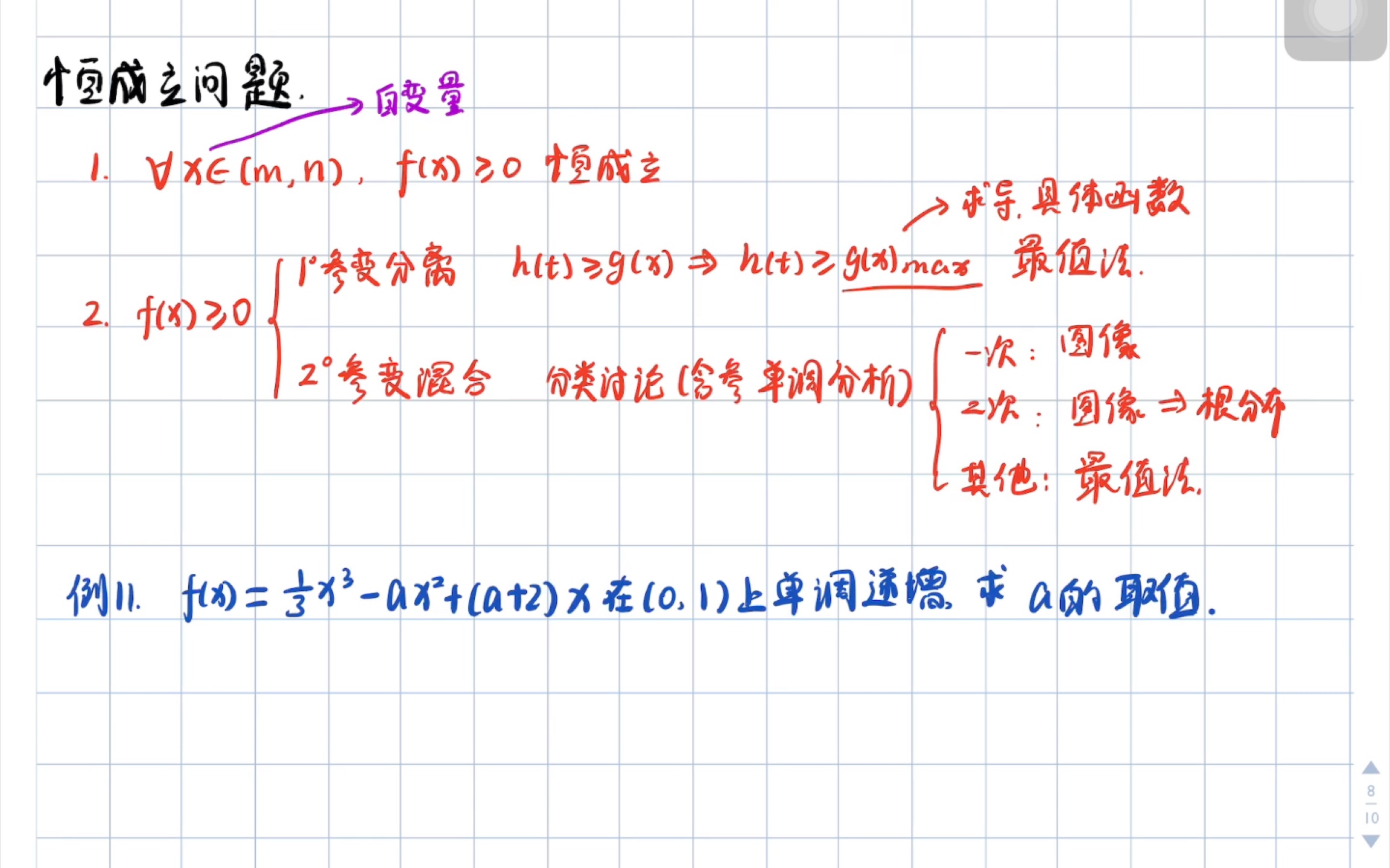 导数恒成立问题 参变分离+二次函数根的分布