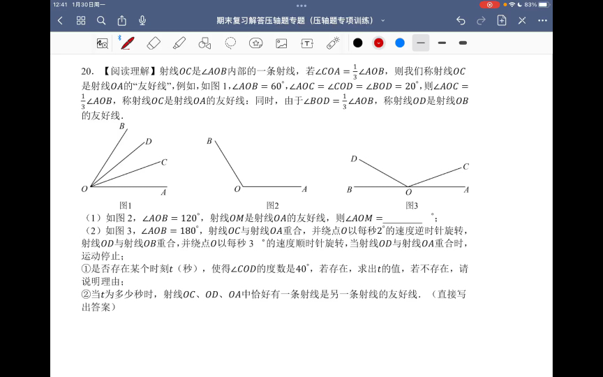 初一数学 期末复习压轴题 角度旋转 友好线 新定义理解 角的行程问题