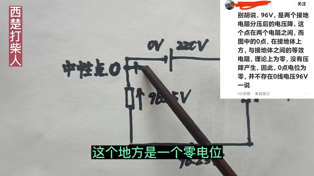 网友:你讲错了,地球体电位是96V西楚打柴人:地球体具有箝位功能,是0V...