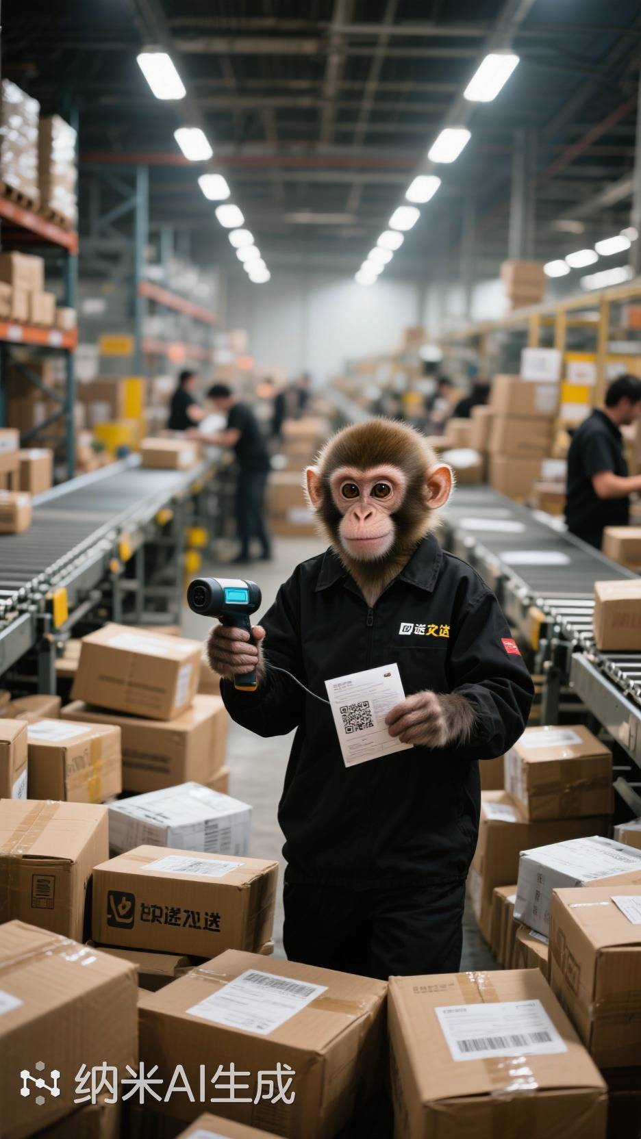 动物:猴哥穿黑服仓库打工,扫码分拣快递好认真呀 #萌宠