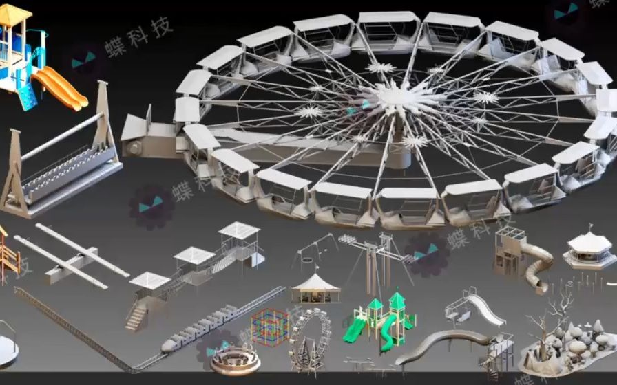 C4D高细节游乐园设施3D模型摩天轮过山车滑梯娱乐器材基础白模