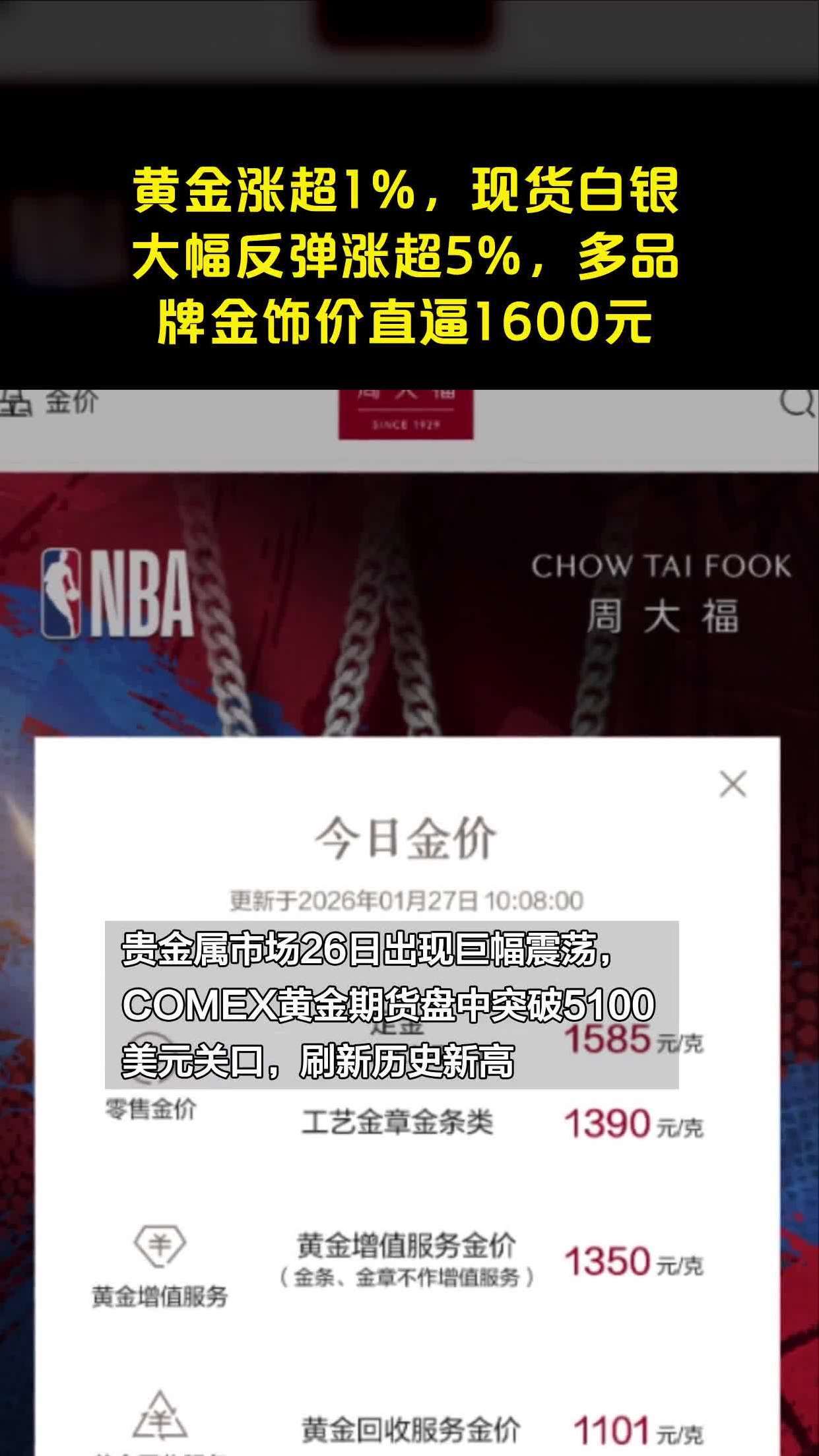 黄金涨超1%,现货白银大幅反弹涨超5%,多品牌金饰价直逼1600元