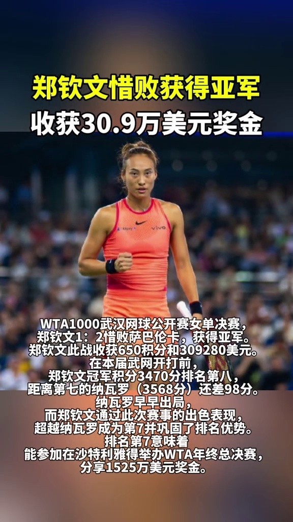 郑钦文惜败获得亚军,收获30.9万美元奖金#郑钦文获得女单亚军