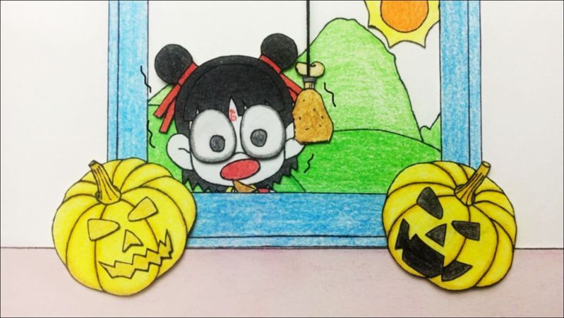 手绘定格动画:小哪吒偷偷来吃鸡腿,被南瓜吓了一大跳