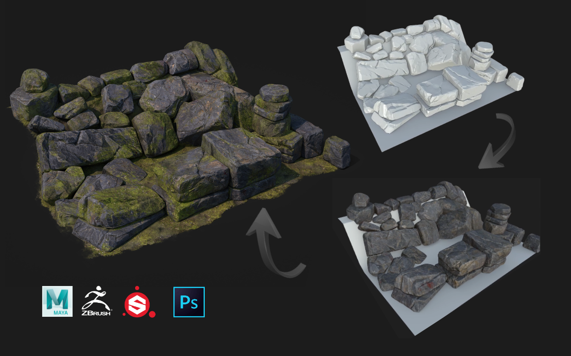 【maya建模】90%新手必须学会的案例 - 石头场景模型制作 包含低模,...