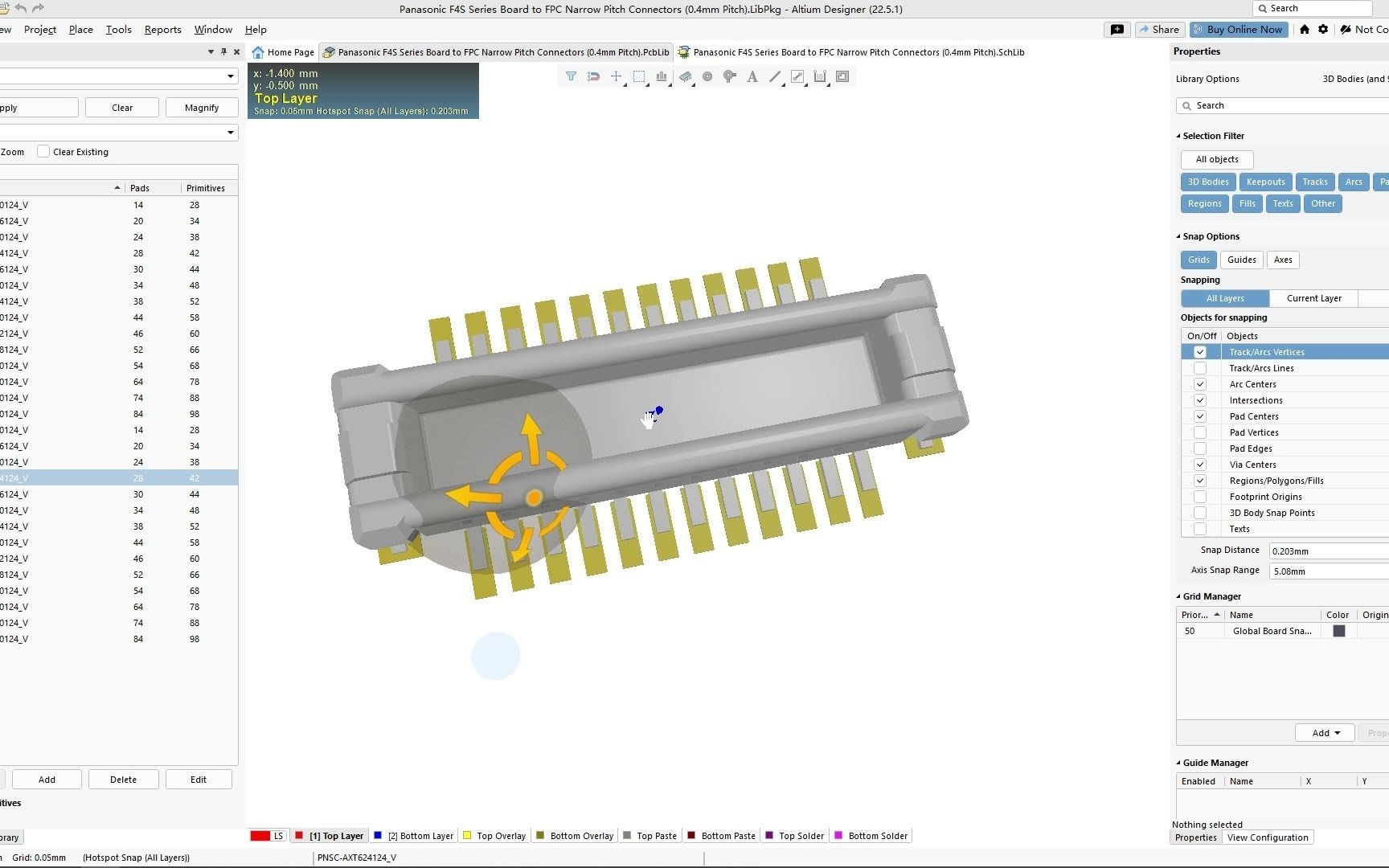 【封装库简介】5. 松下F4S系列板对FPC连接器PCB封装库