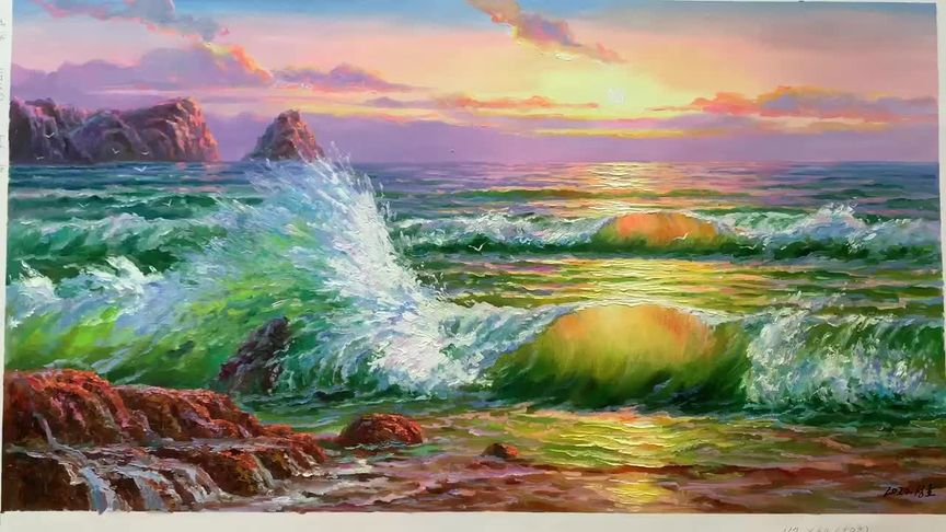 朝鲜画家笔下的海浪,色彩艳丽,气势澎湃