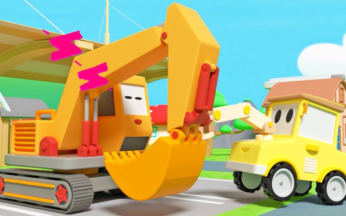 工程车动画:汽车们需要挖掘机的帮忙