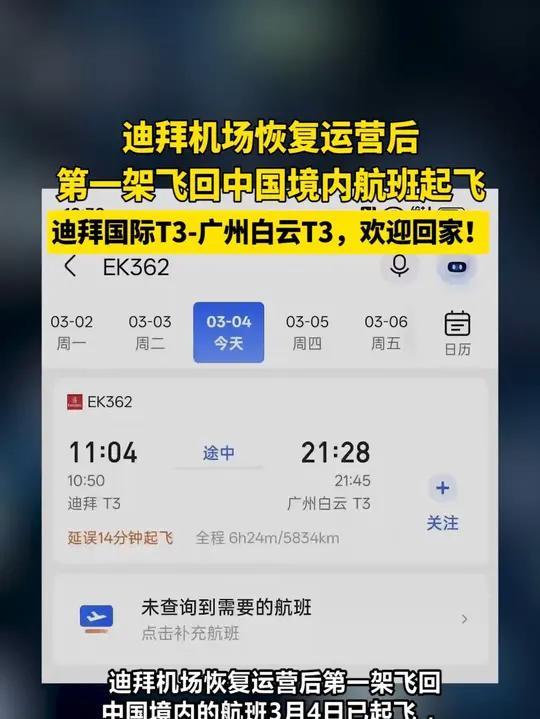 迪拜机场恢复运营后第一架飞回中国境内的航班3月4日已起飞(半岛晨报)