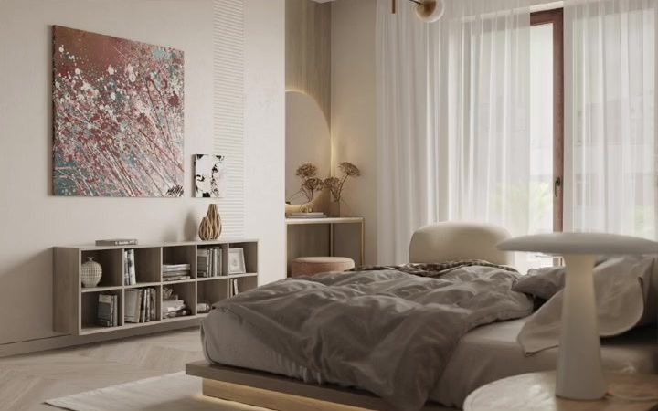 现代与日式结合的理想卧室,超大地台床设计,配灯带一绝