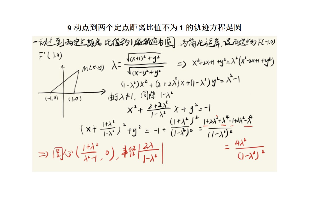 9-动点到两个定点距离比值不为1的轨迹方程是圆