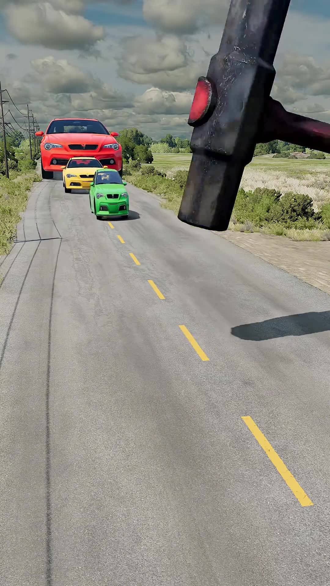 彩色小到巨型汽车vs锤子 #汽车动画 #车祸模拟器