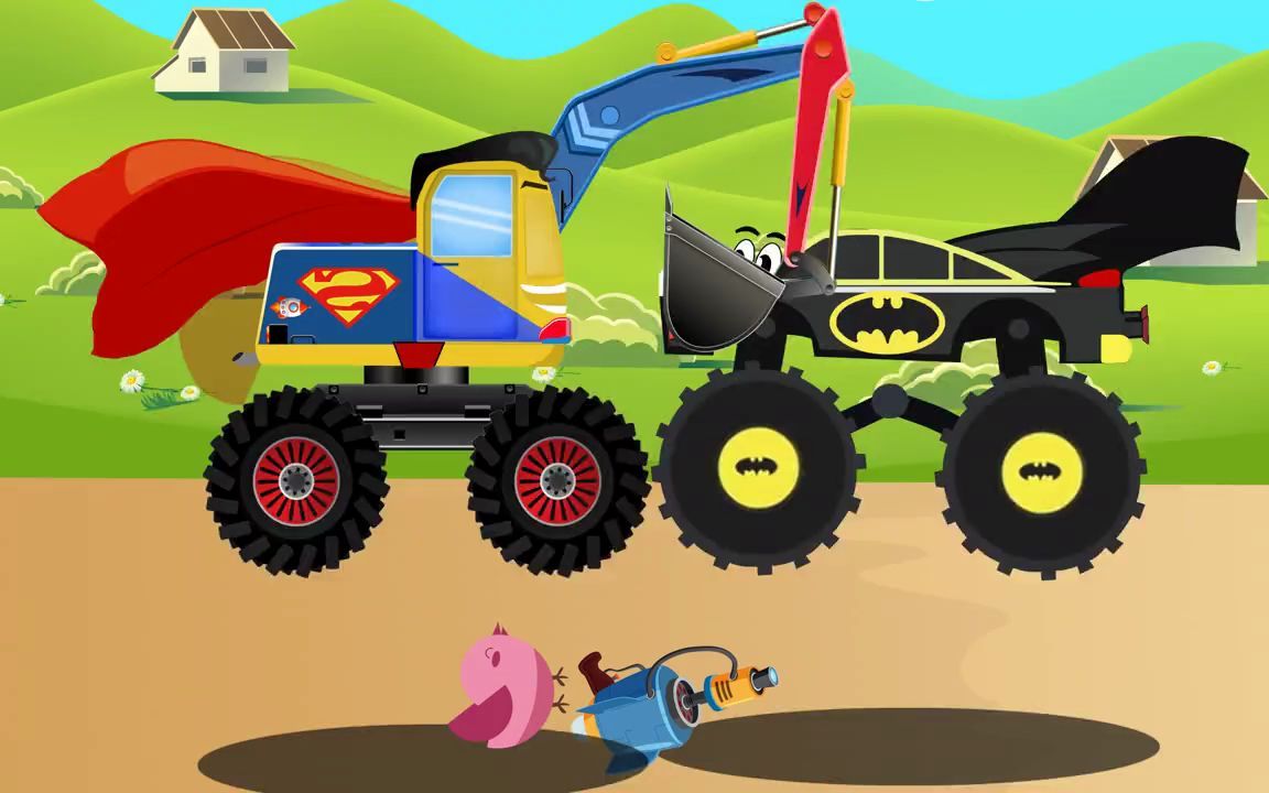 工程车卡通动画:工程车救援队 ,超人工程车 ,小小挖掘机和巨人越野车