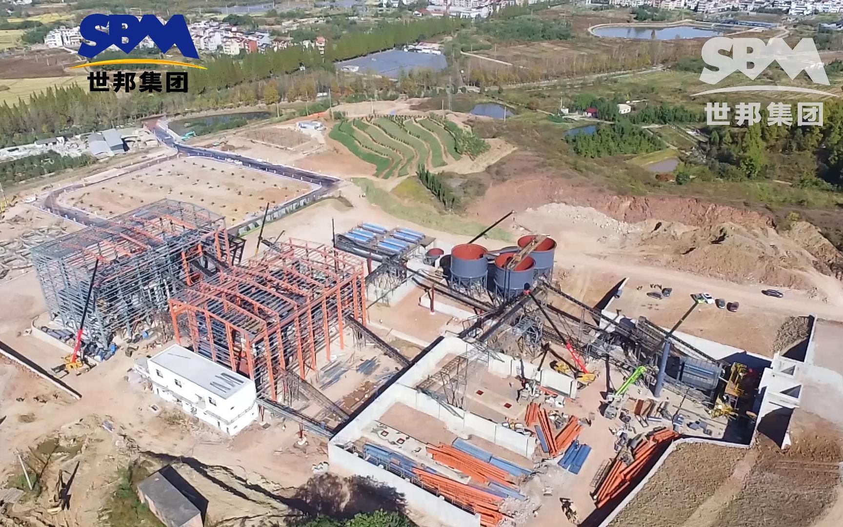航拍大型建筑用砂生产设备搭建情况及工艺流程