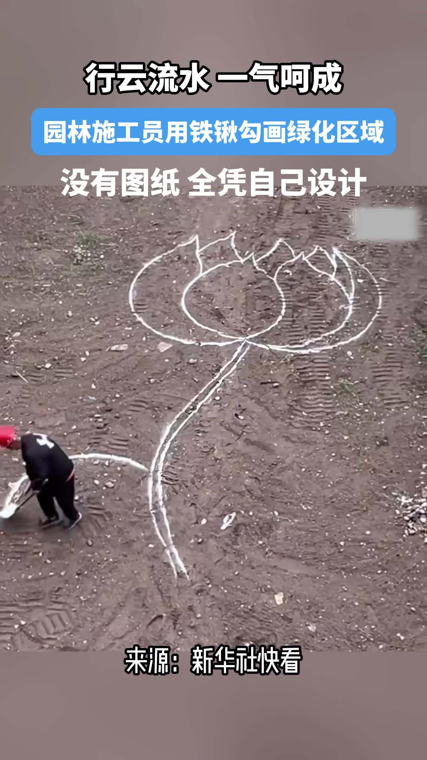 行云流水 一气呵成园林施工员用铁锹勾画绿化区域没有图纸