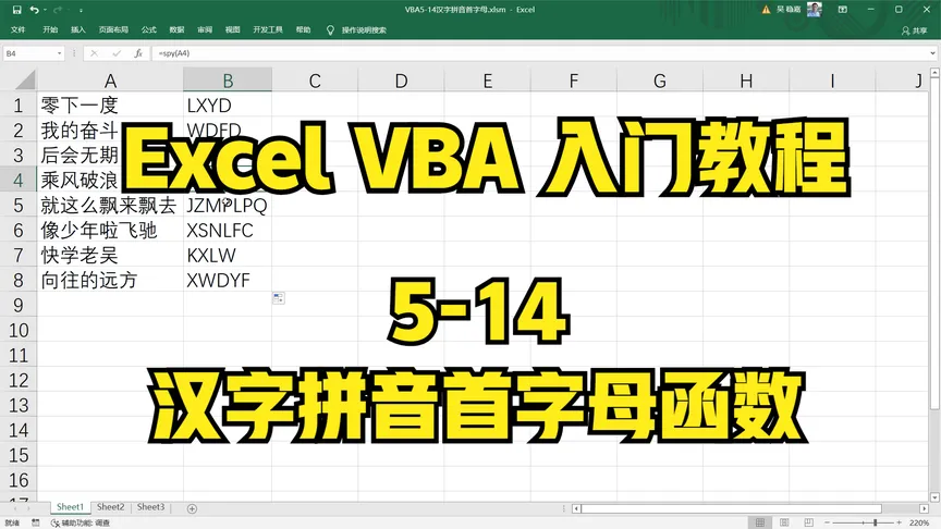 Excel VBA入门教程,汉字拼音首字母,自定义函数VLOOKUP模糊匹配