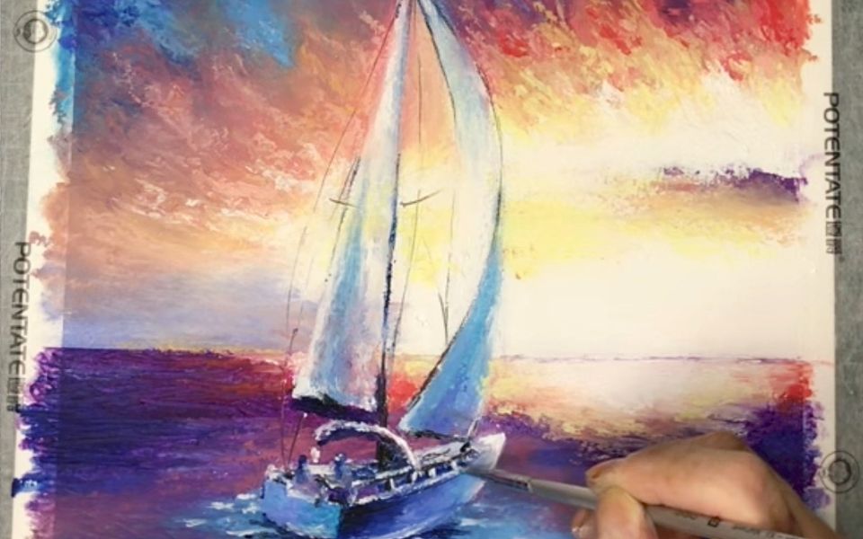 【油画棒绘画】邦乔威老师绘画分享 帆船晚霞 风景上色 原速视频【...