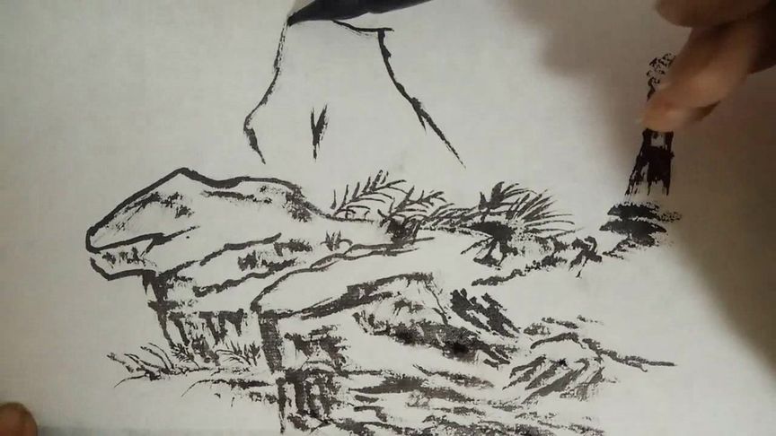 山水画入门技法:山石间草的画法,简单易学