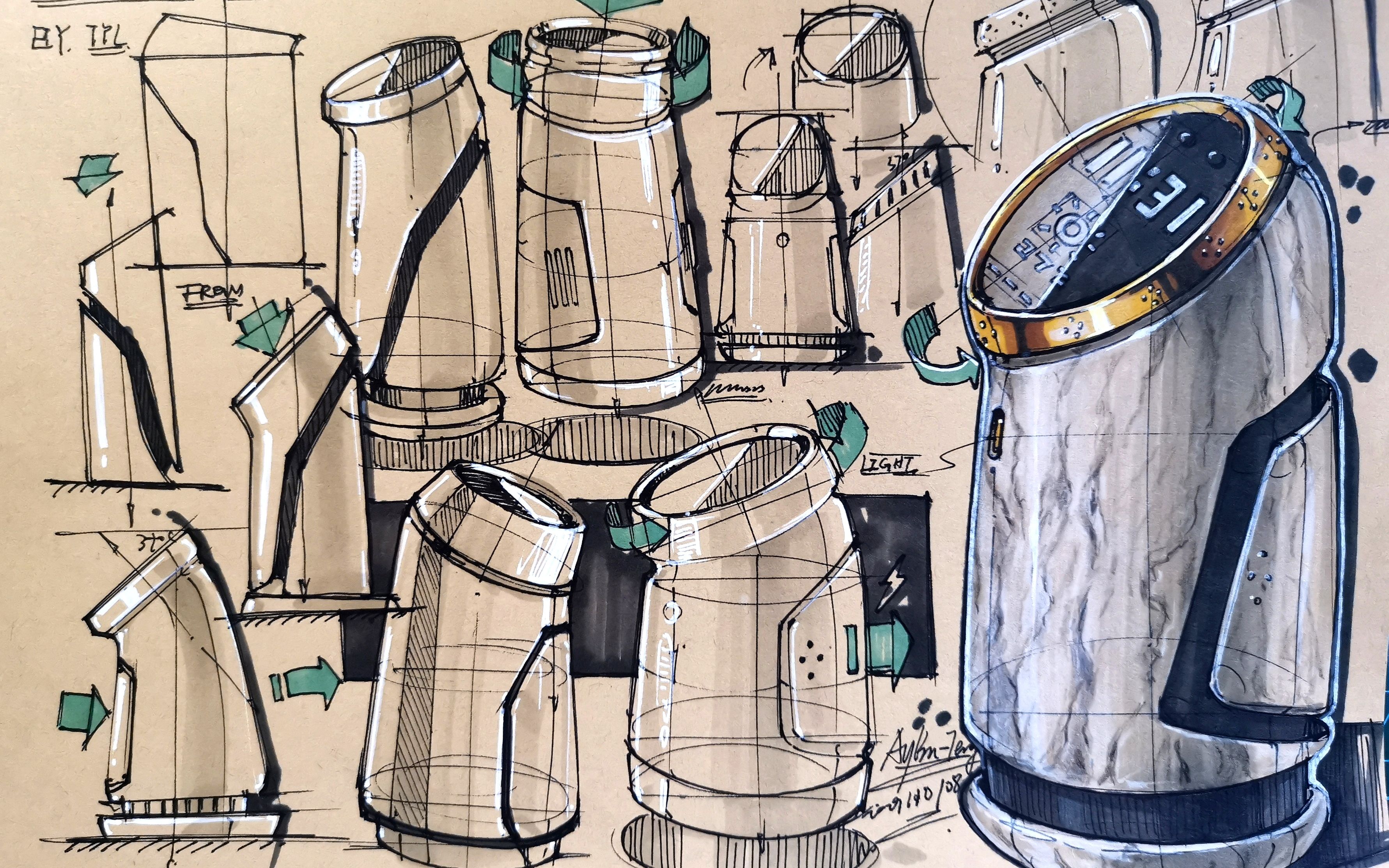 【产品设计手绘】原创桌面智能时钟设计-草图绘制过程(线稿)