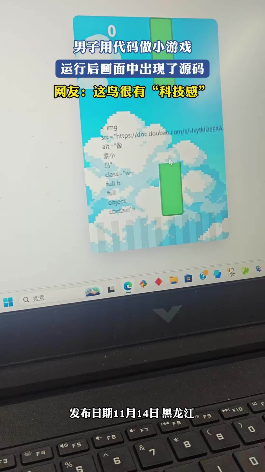 男子用代码做小游戏,运行后画面中出现了源码,这鸟很有科技感